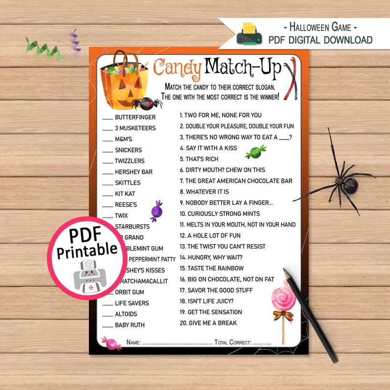 Halloween Candy Match up Game: Printable (PDF Digital Download) - Etsy