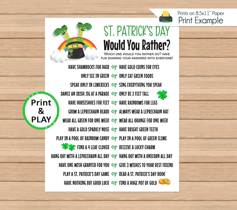 Kids St. Patricks Day Would You Rather - Printable Party Activity - Etsy