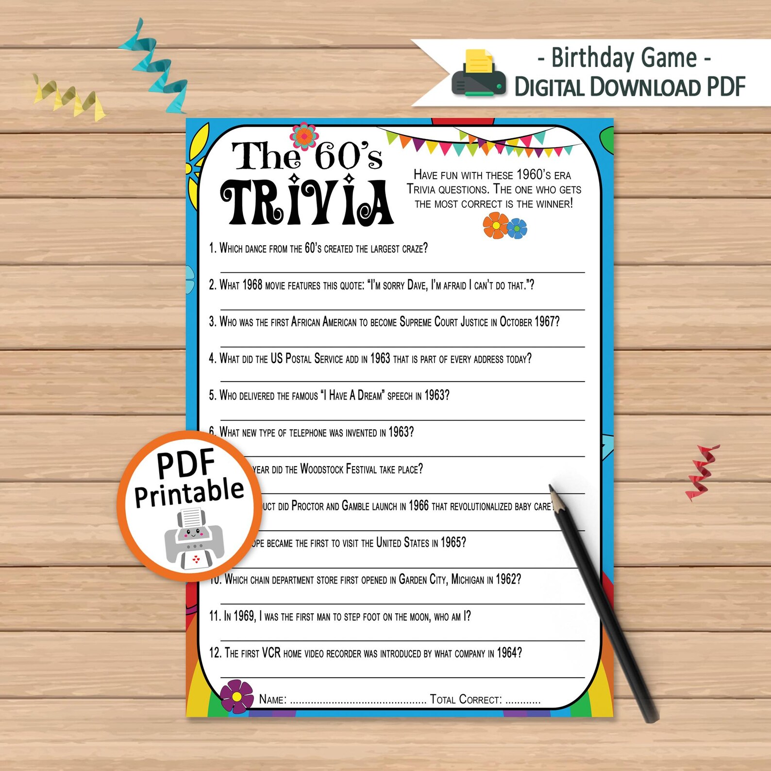 1960s Trivia Quiz Game: Retro Birthday Party Activity (digital Download ...