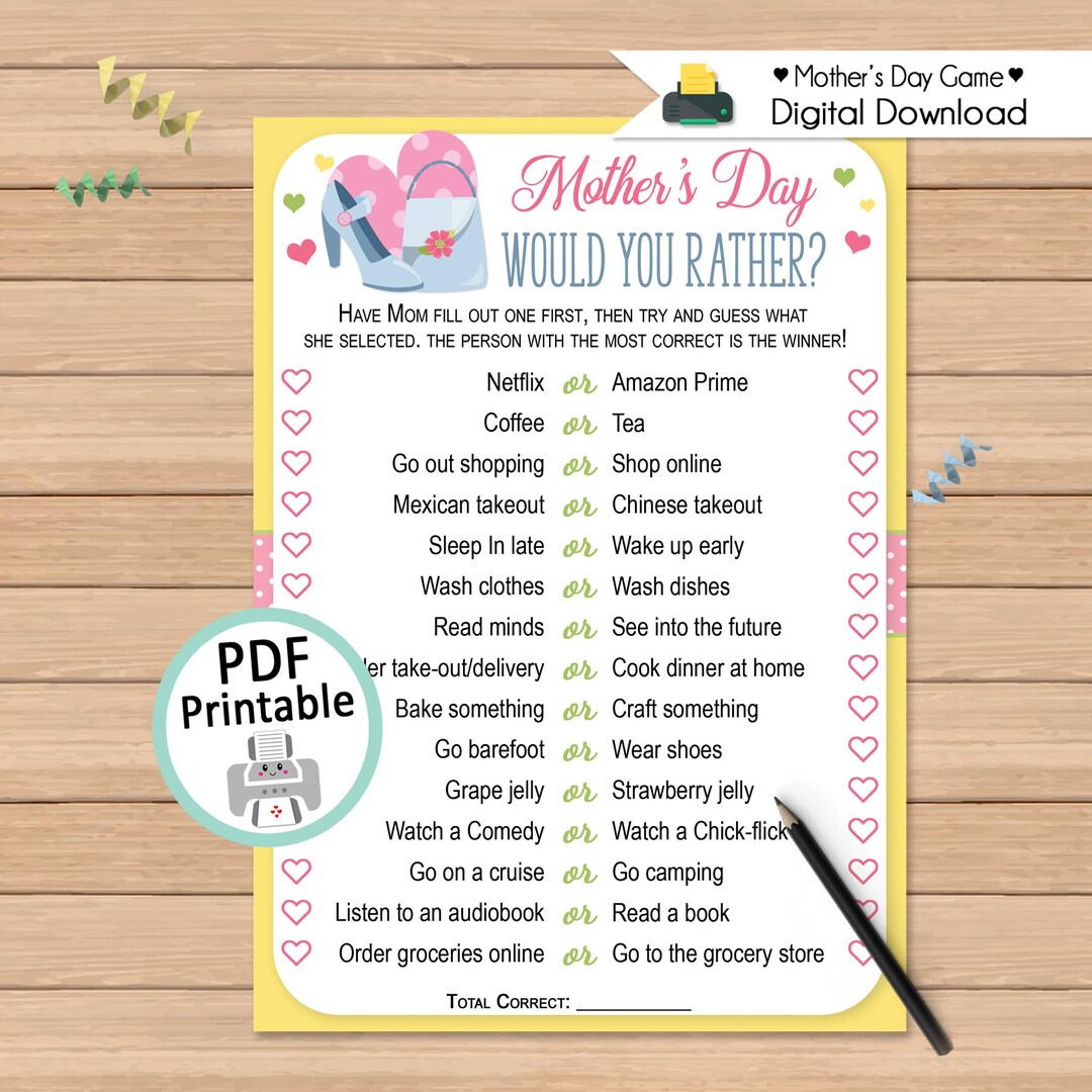 Mothers Day Would You Rather: Printable Party Activity (PDF Download ...