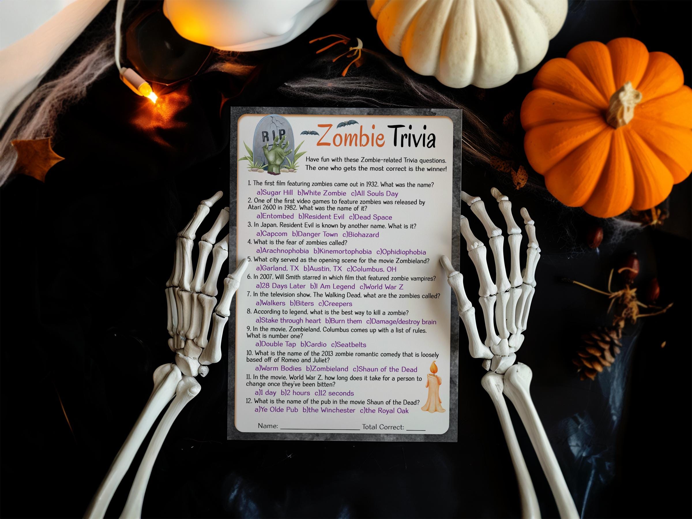 Halloween Zombie Trivia Game: Printable Party Quiz (digital Download ...