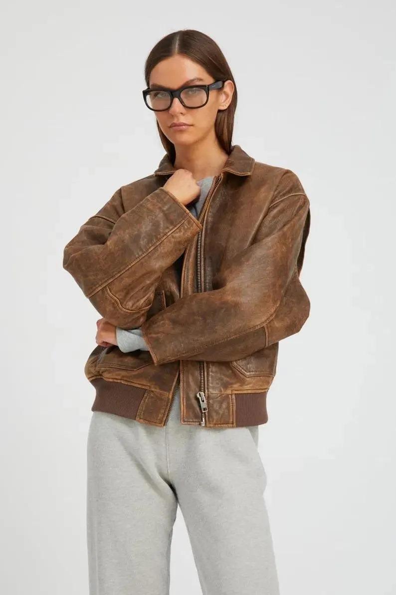 Vintage Distressed Brown Leather Bomber Jacket | 90s Retro Aviator ...