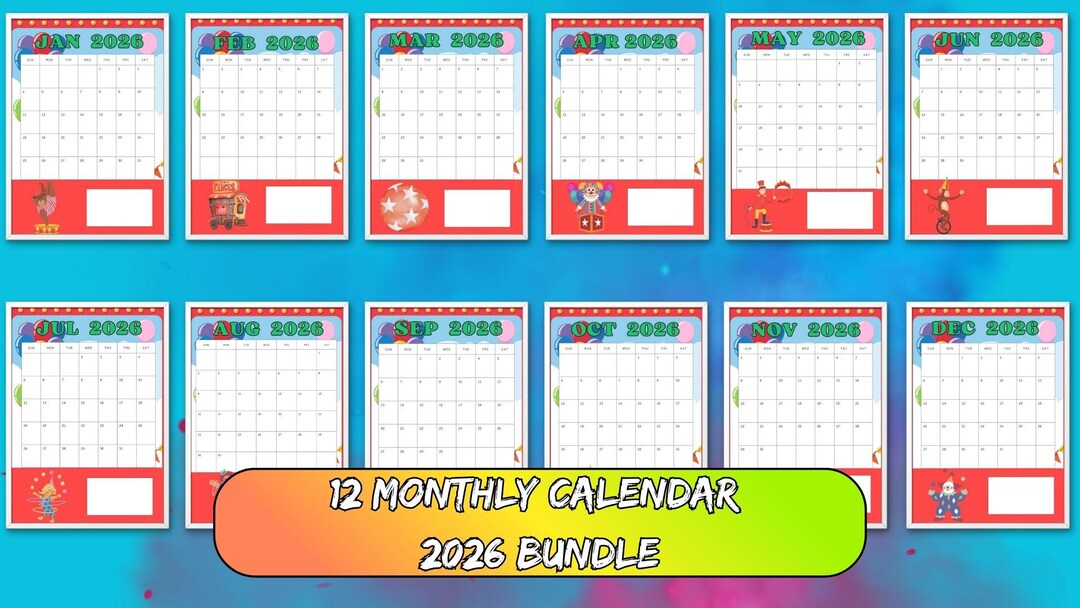 2026 Happy Circus Calendar – Editable Monthly Planner (PDF, JPEG, Canva ...