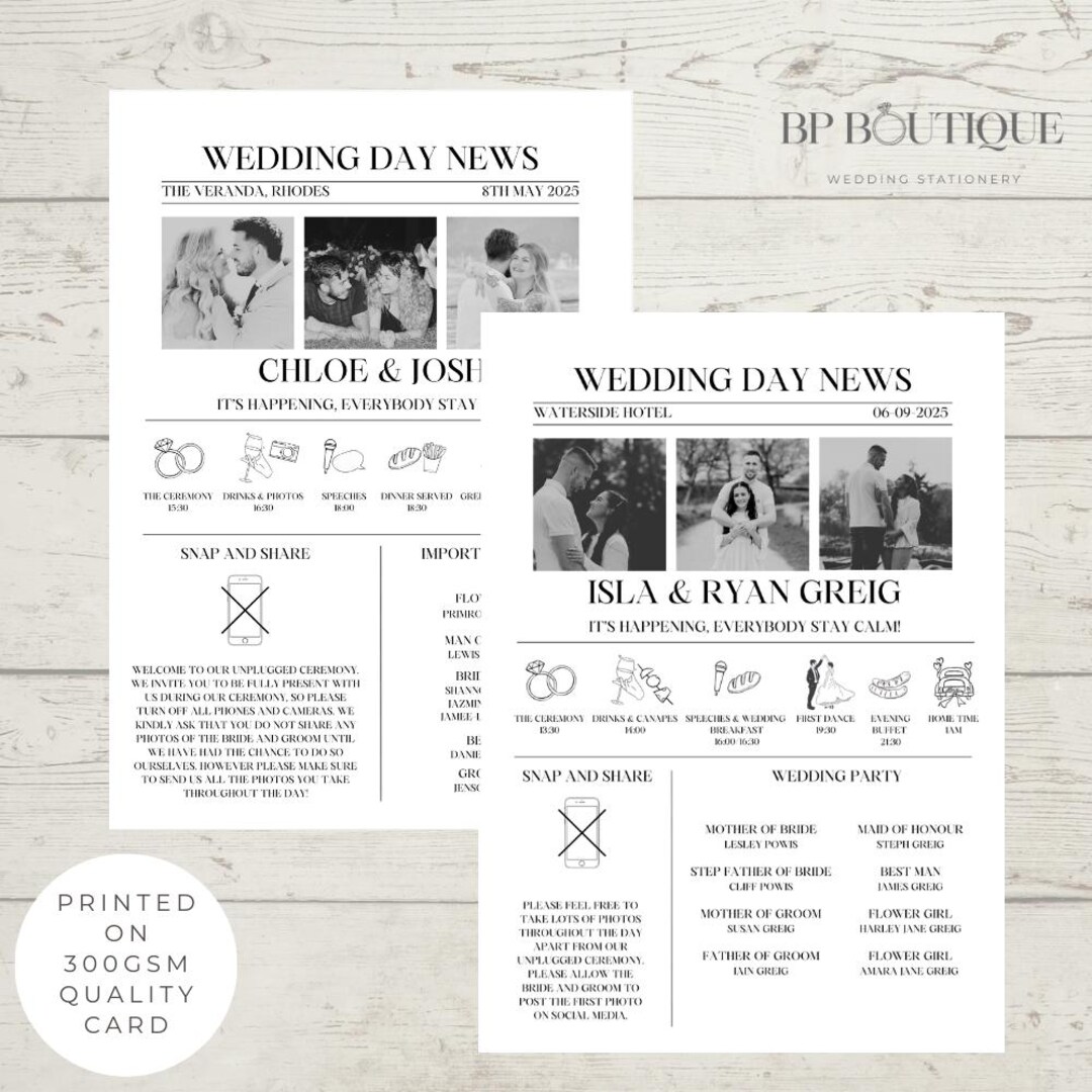 Personalised Wedding Newspaper Programme | Order of the Day Leaflet ...