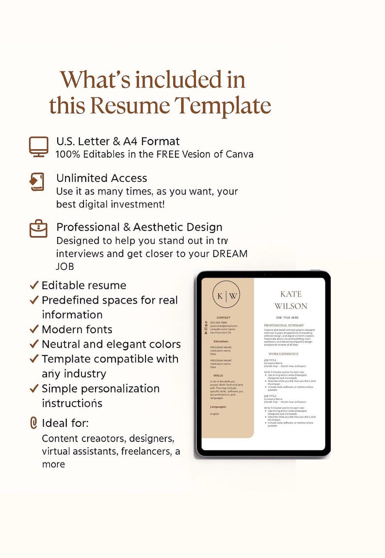 Modern Resume Template for Canva – Editable CV – US Letter & A4 ...