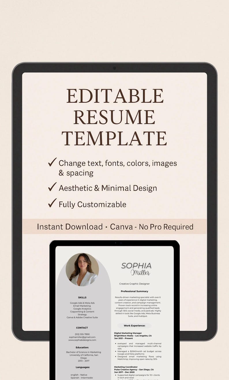 Professional Resume Template for Canva – Editable CV – Clean and Modern ...