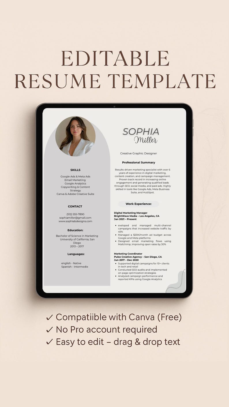 Professional Resume Template for Canva – Editable CV – Clean and Modern ...