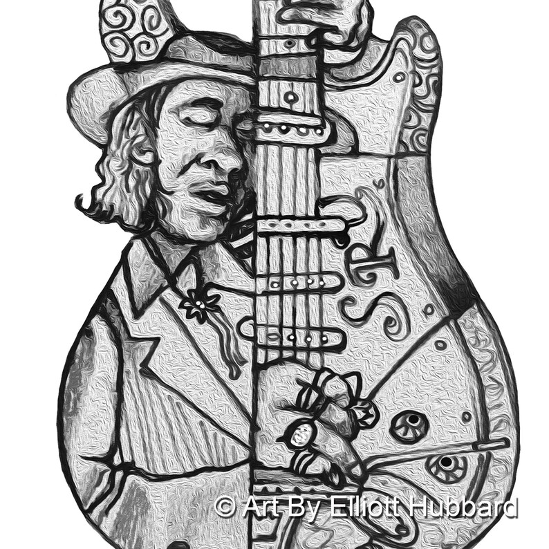 Stevie Ray Vaughan Guitar Art Print, Black and White Sketch - Etsy