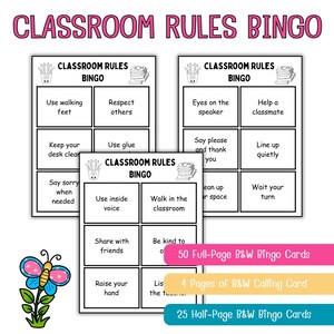 Classroom Rules Bingo Printable Game Black and White– Back to School ...