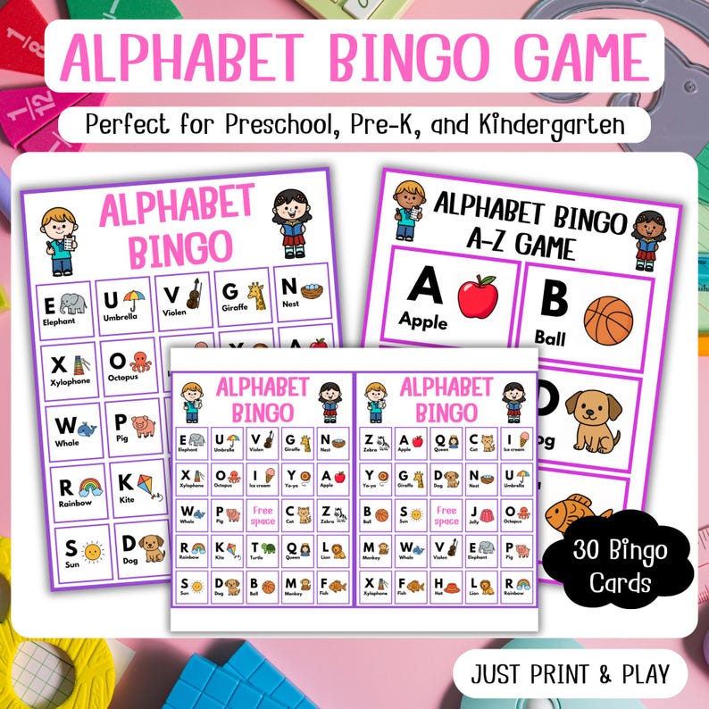 Alphabet Bingo Game A-Z: 30 Colorful Cards, Letter Recognition ...
