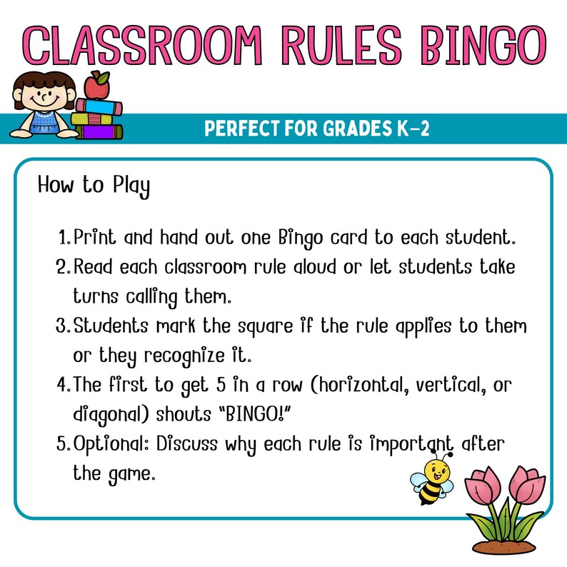 Classroom Rules Bingo Printable Game Black and White– Back to School ...