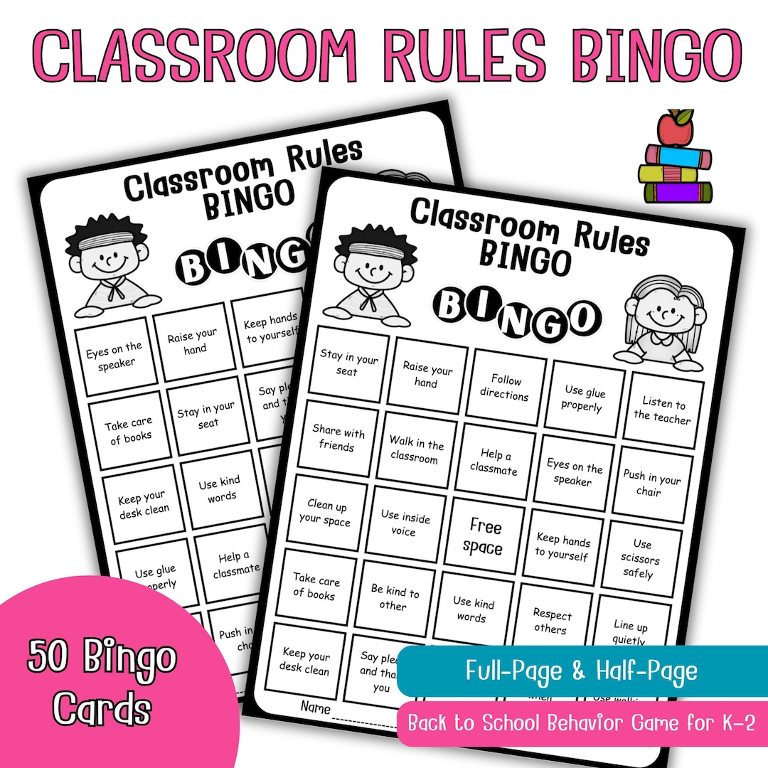 Classroom Rules Bingo Printable Game Black and White– Back to School ...