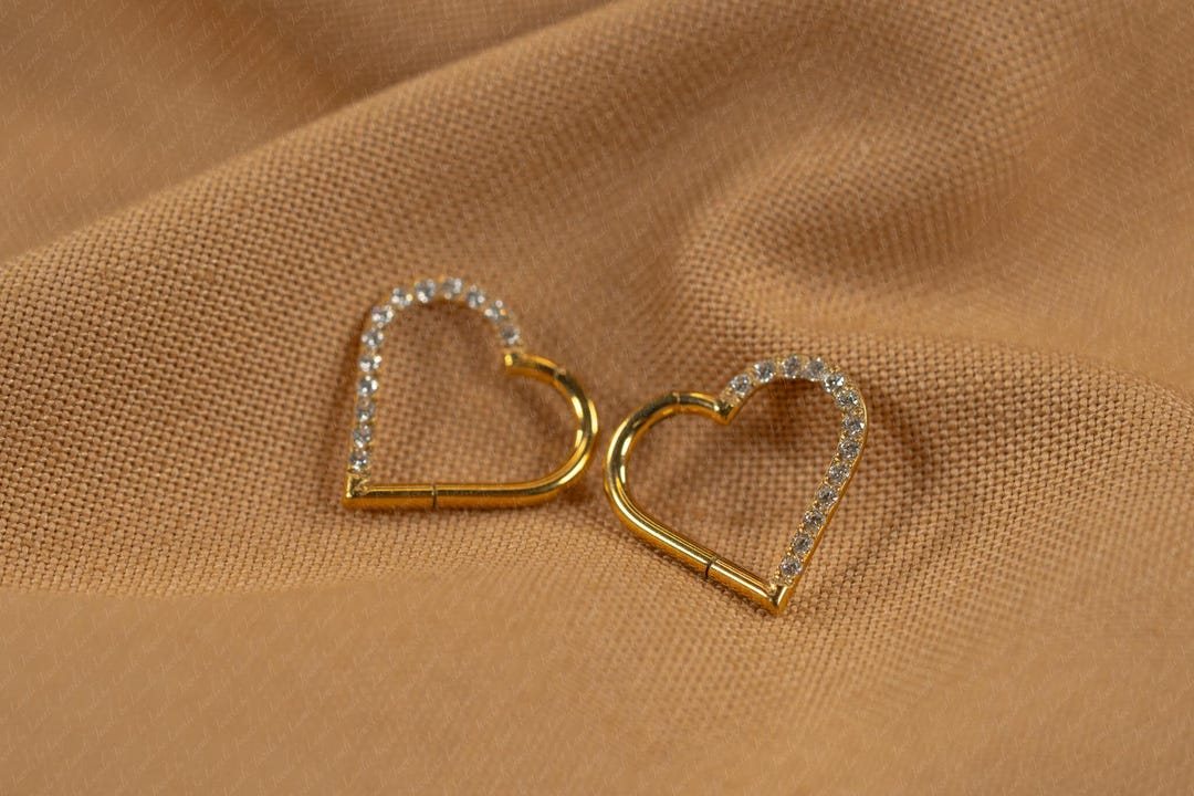 16G Heart Clicker Hoop • Daith Hoop Earring • Half Paved CZ • Hinged ...