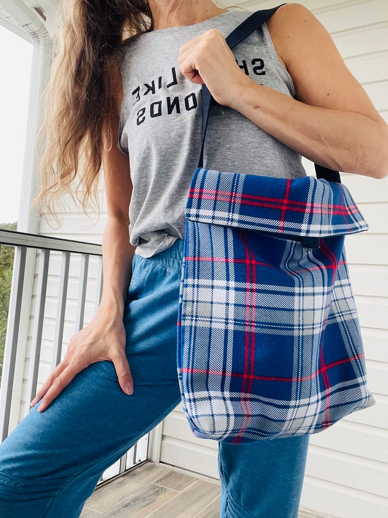 Blue Plaid Flannel Lined Tote/shoulder Bag With Latch Closure. Soft ...