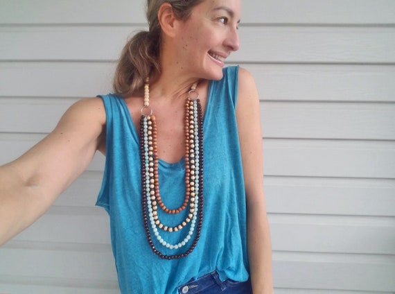 Multi Layered Wood and Gemstone Beaded Long Necklace. | Etsy