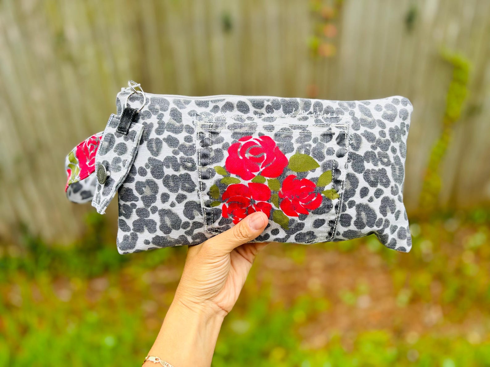 Cheetah Print Red Rose Painted Denim Wristlet. Upcycled Denim. Lined ...