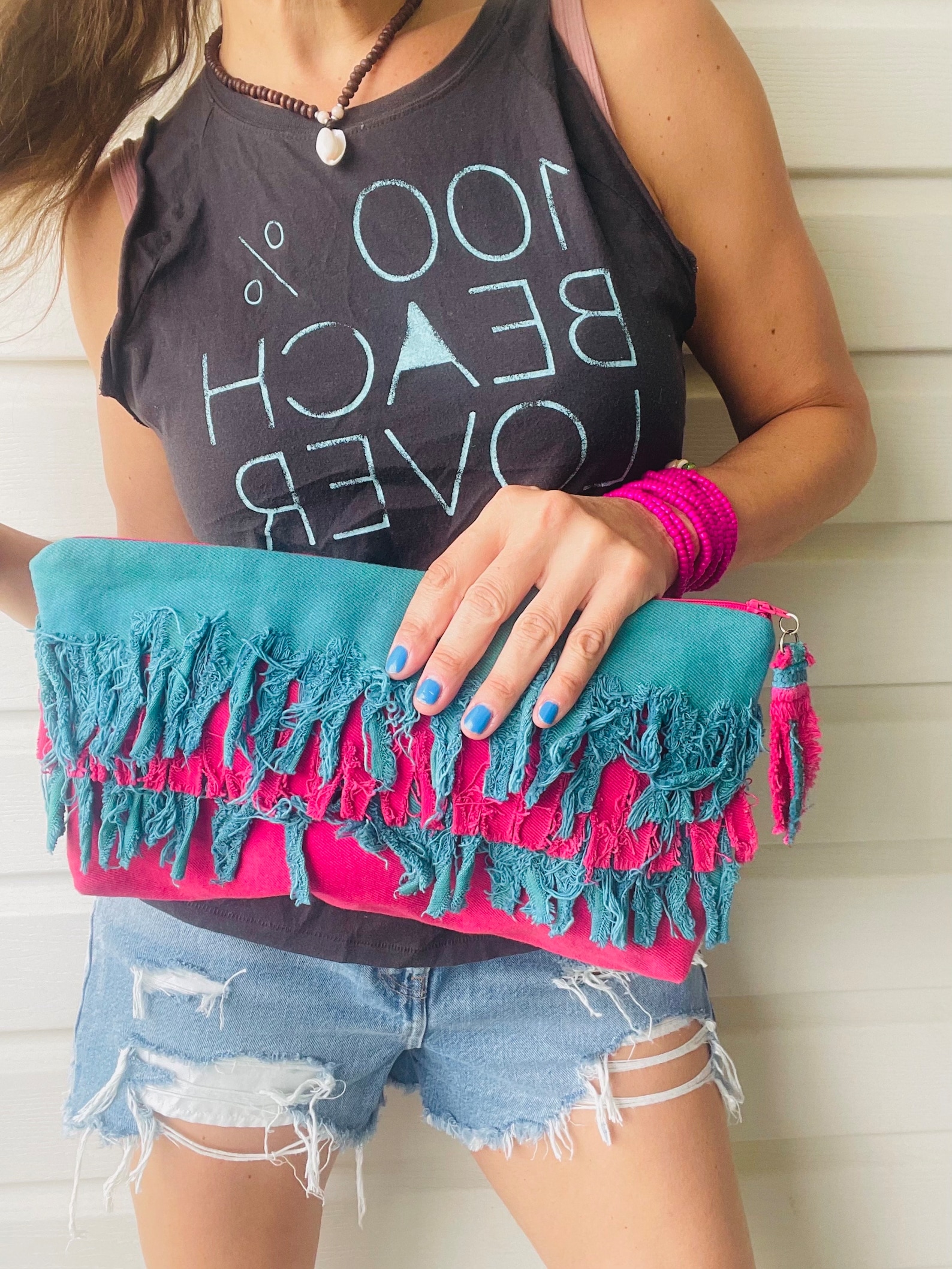 Denim Clutch Bag, Denim Teal and Fuchsia Fringe Clutch With Fun Lining ...