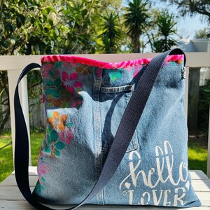 Hello Lover Handpainted Floral Denim Crossbody. Upcycled Denim Jeans ...