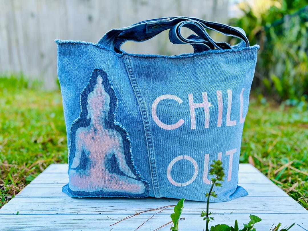 Chill Out, Pink Serene Buddha, Recycled Denim, Light Wash Denim, Tote ...