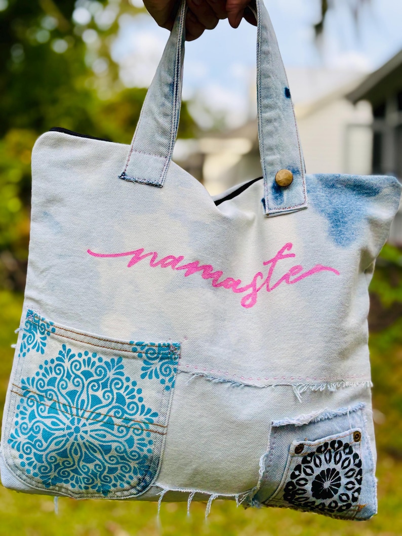 Hand-painted Evil Eye, Zippered Denim Tote Bag, Mandala Pockets - Etsy