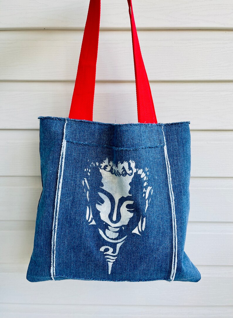 Buddha Stenciled Denim Tote. Deconstructed Style. Partially Upcycled ...