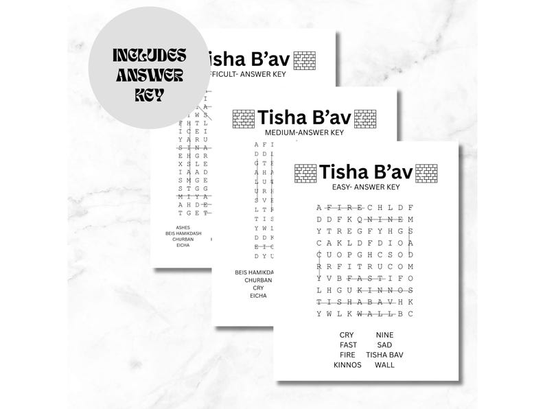 Tisha B'av Word Searches, 3 Levels, Includes Answer Keys, Jewish ...