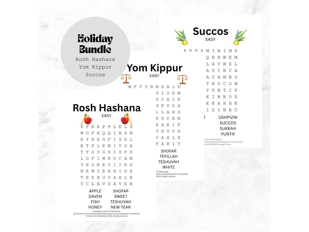 Jewish Holiday Word Search Bundle: Rosh Hashanah, Yom Kippur, Sukkot ...