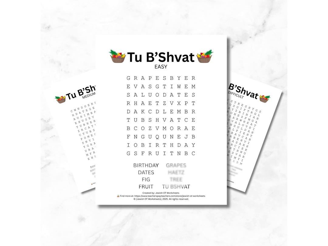 Tu B'shvat Word Search: Jewish Holiday Printable Game (easy, Medium ...