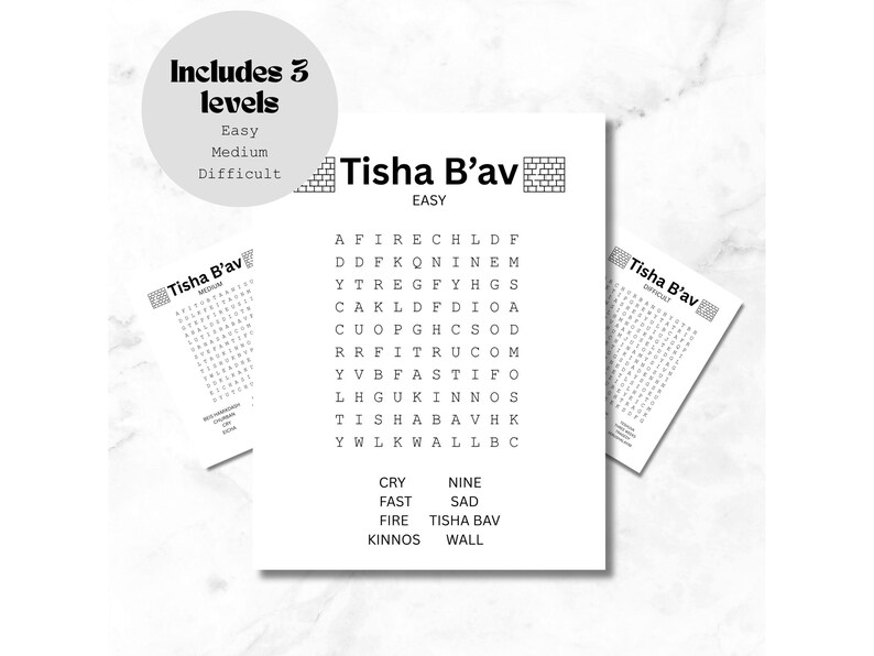 Tisha B'av Word Searches, 3 Levels, Includes Answer Keys, Jewish ...