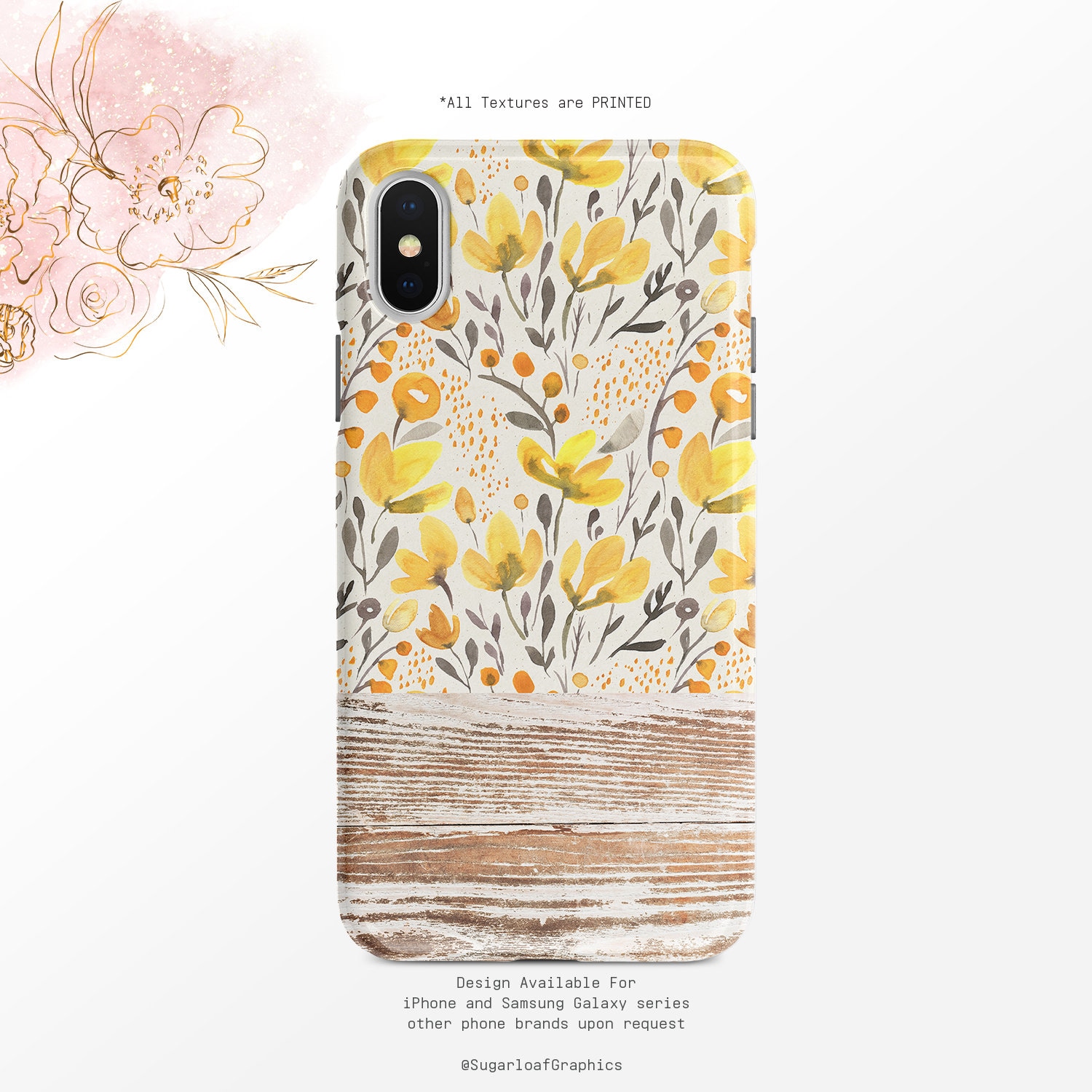 Yellow Floral Pattern Phone Case Wood Grain iPhone Case | Etsy