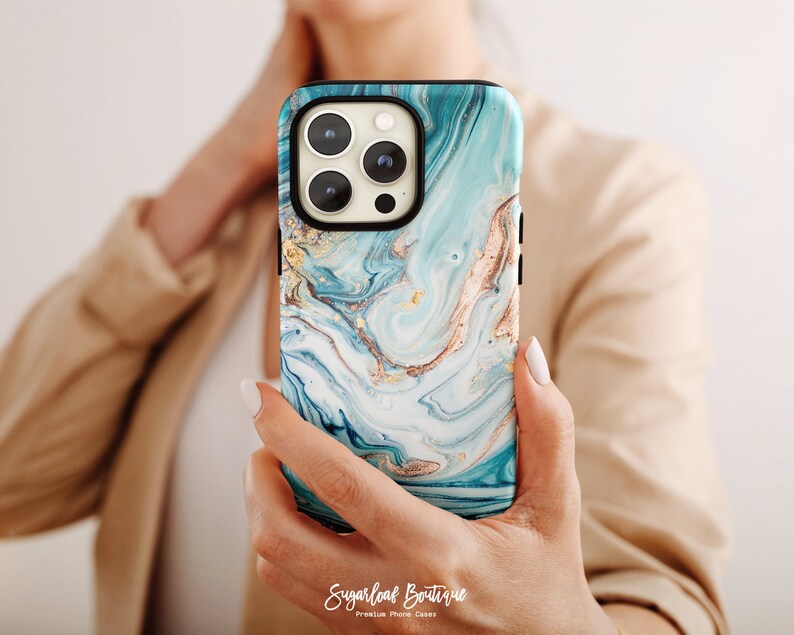 Teal Turquoise Gold Glitter Mint Blue Marble Print Iphone 14 - Etsy