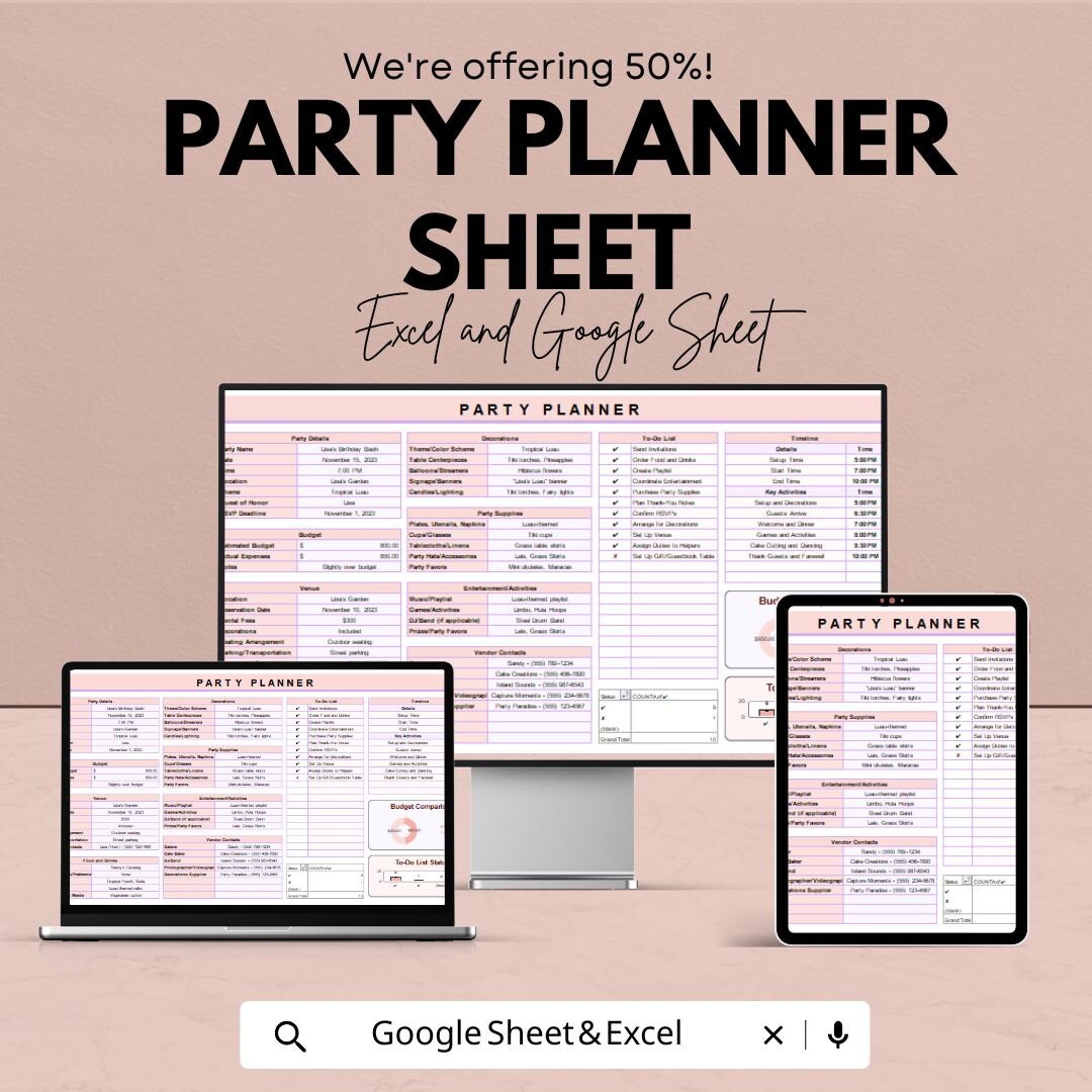 Party Planner Sheet | Event Planning Template | Budget Tracker | Excel ...