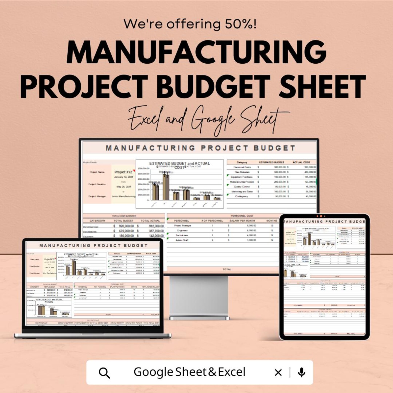 Manufacturing Project Budget Sheet | Excel and Google Sheets Template ...