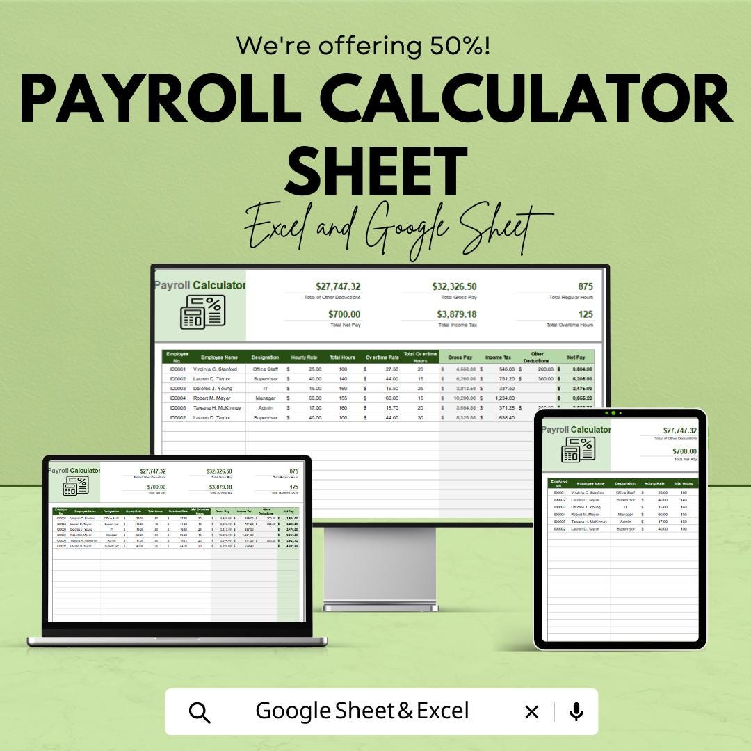Payroll Calculator Sheet | Google Sheets & Excel Template | Automated ...