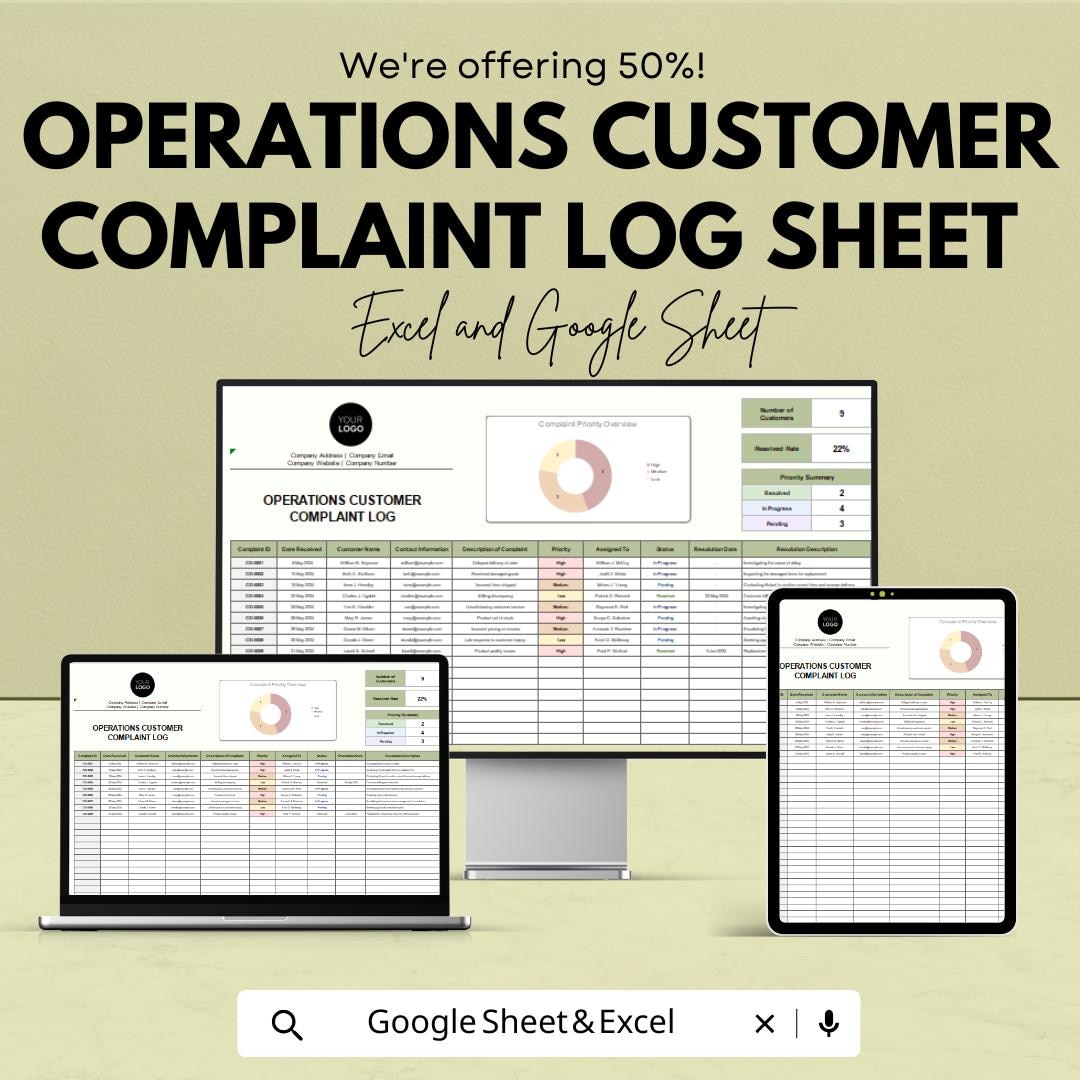 Customer Complaint Log Sheet | Google Sheets & Excel | Operations ...