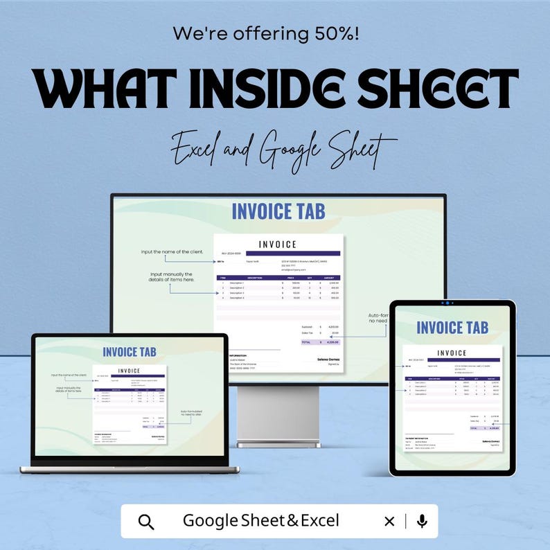 Invoice Tab Template - Excel & Google Sheets - Simple, Customizable ...