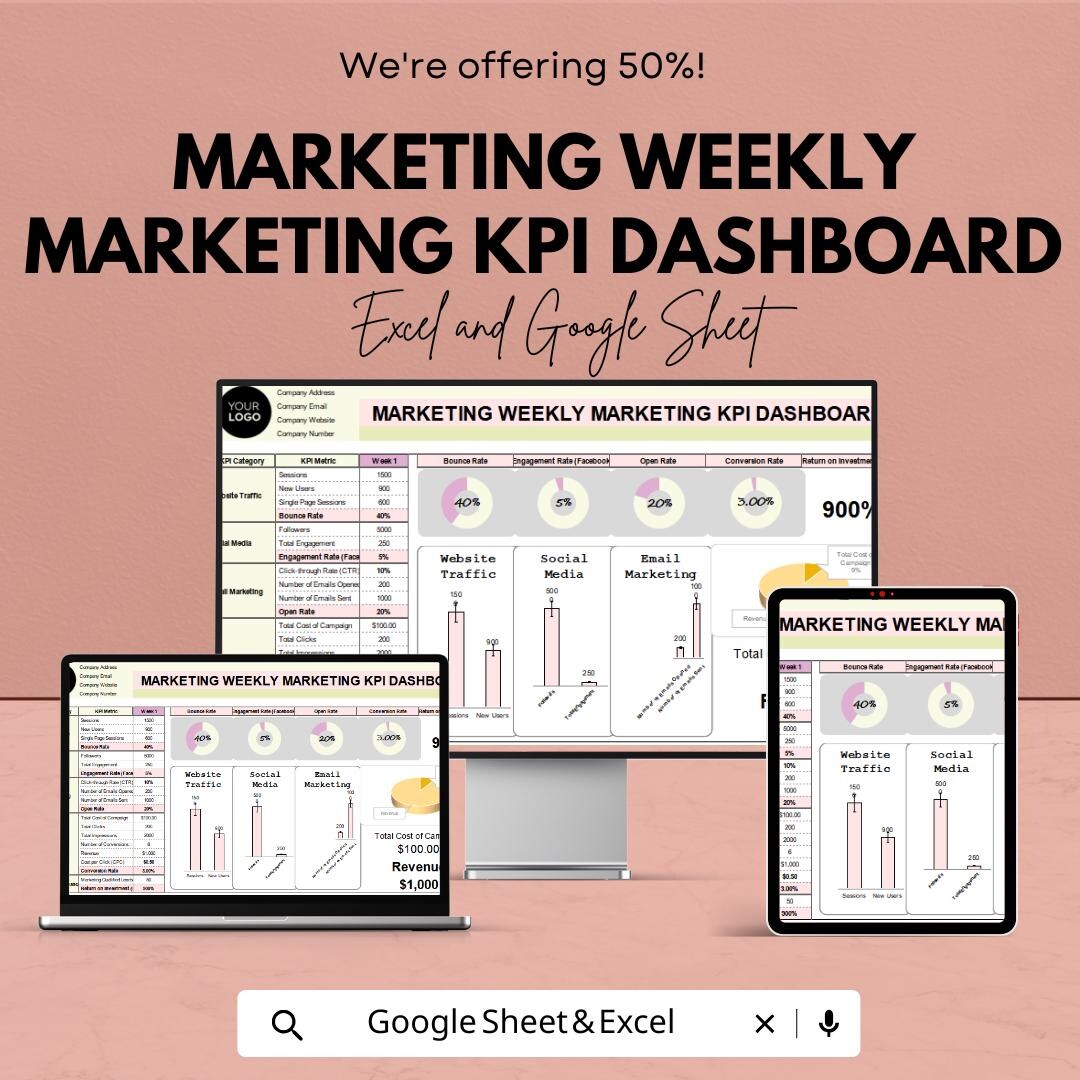 Marketing Weekly KPI Dashboard | Google Sheet | Track Website Traffic ...