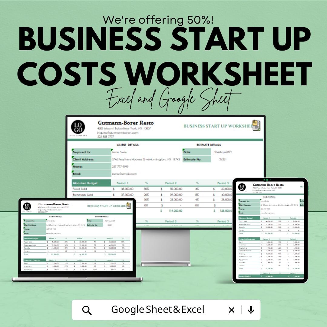 Business Start up Costs Worksheet | Budget and Expense Tracker for New ...