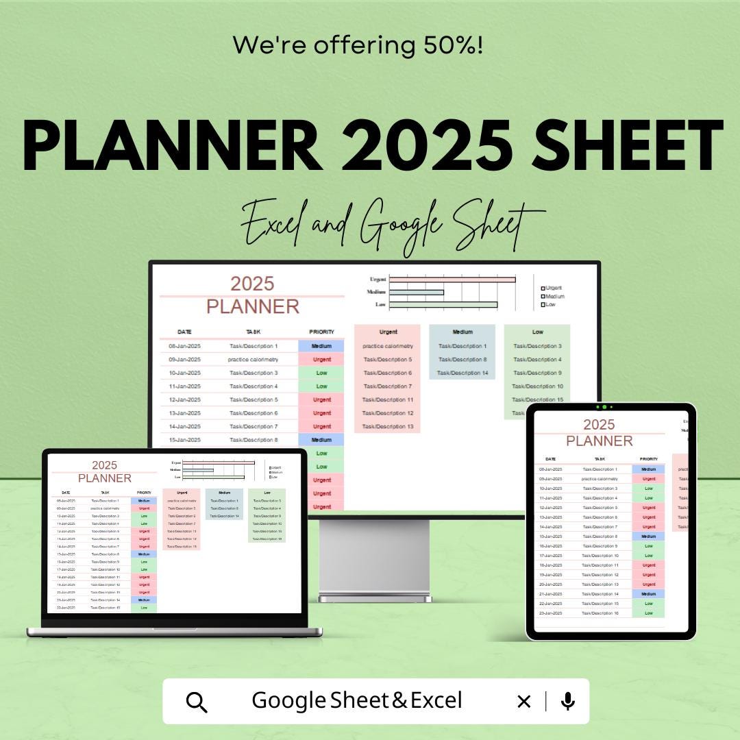 2025 Planner Sheet | Excel & Google Sheet | Task Priority, Monthly ...