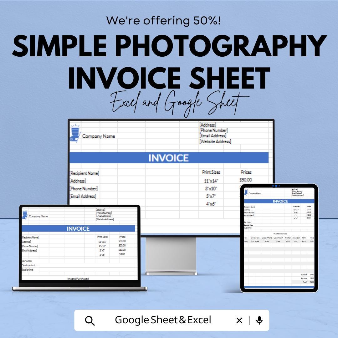 Simple Photography Invoice Template - Excel & Google Sheets ...