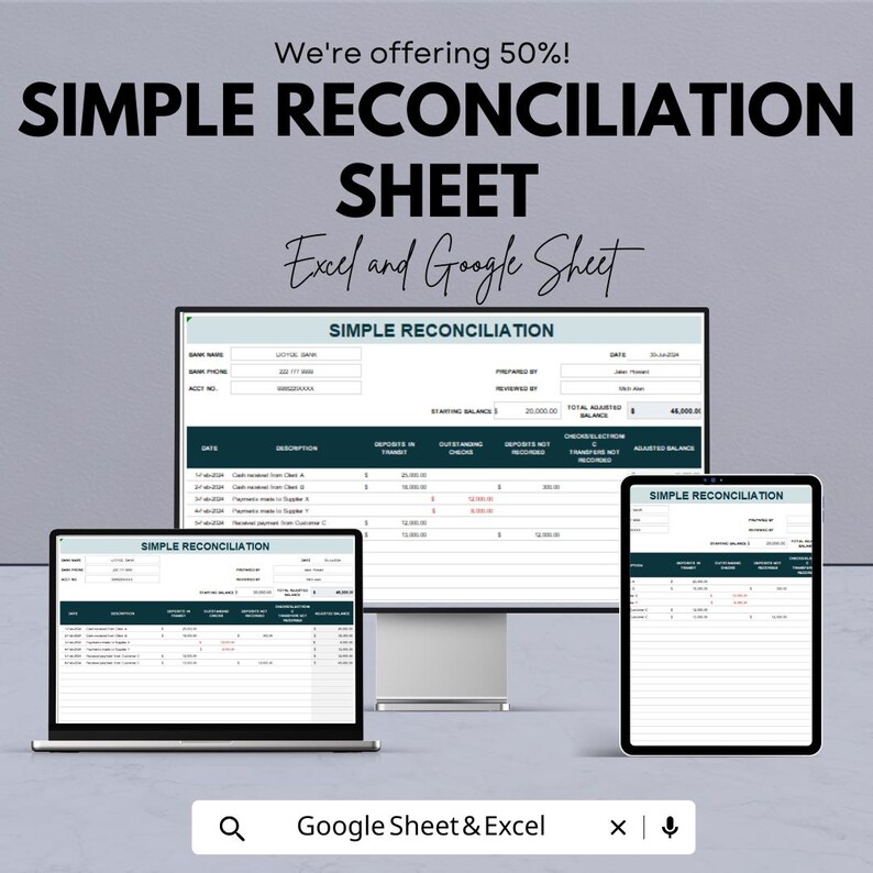 Simple Reconciliation Sheet for Quick Financial Balancing | Excel ...