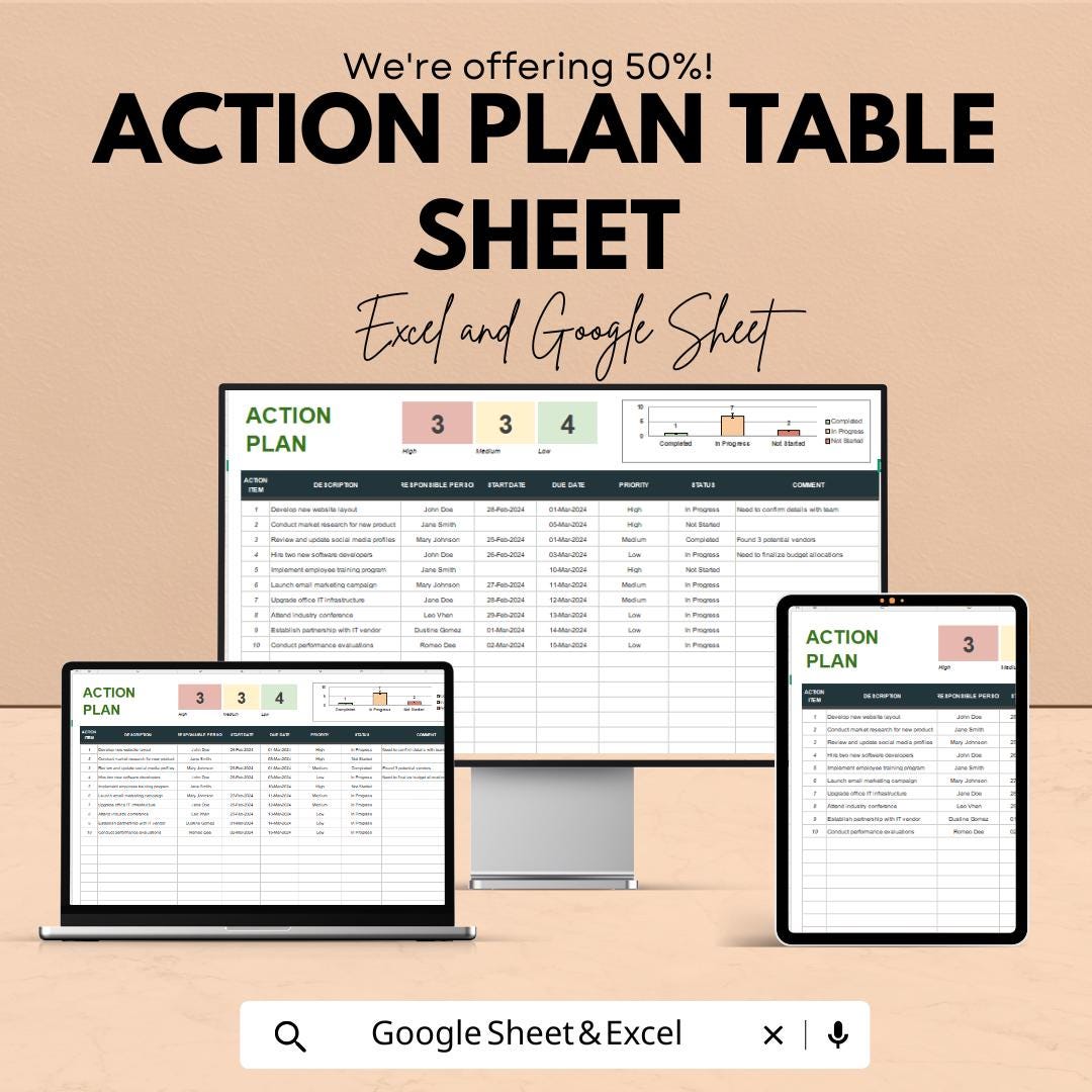 Action Plan Table Sheet - Excel and Google Sheet Template for Project ...