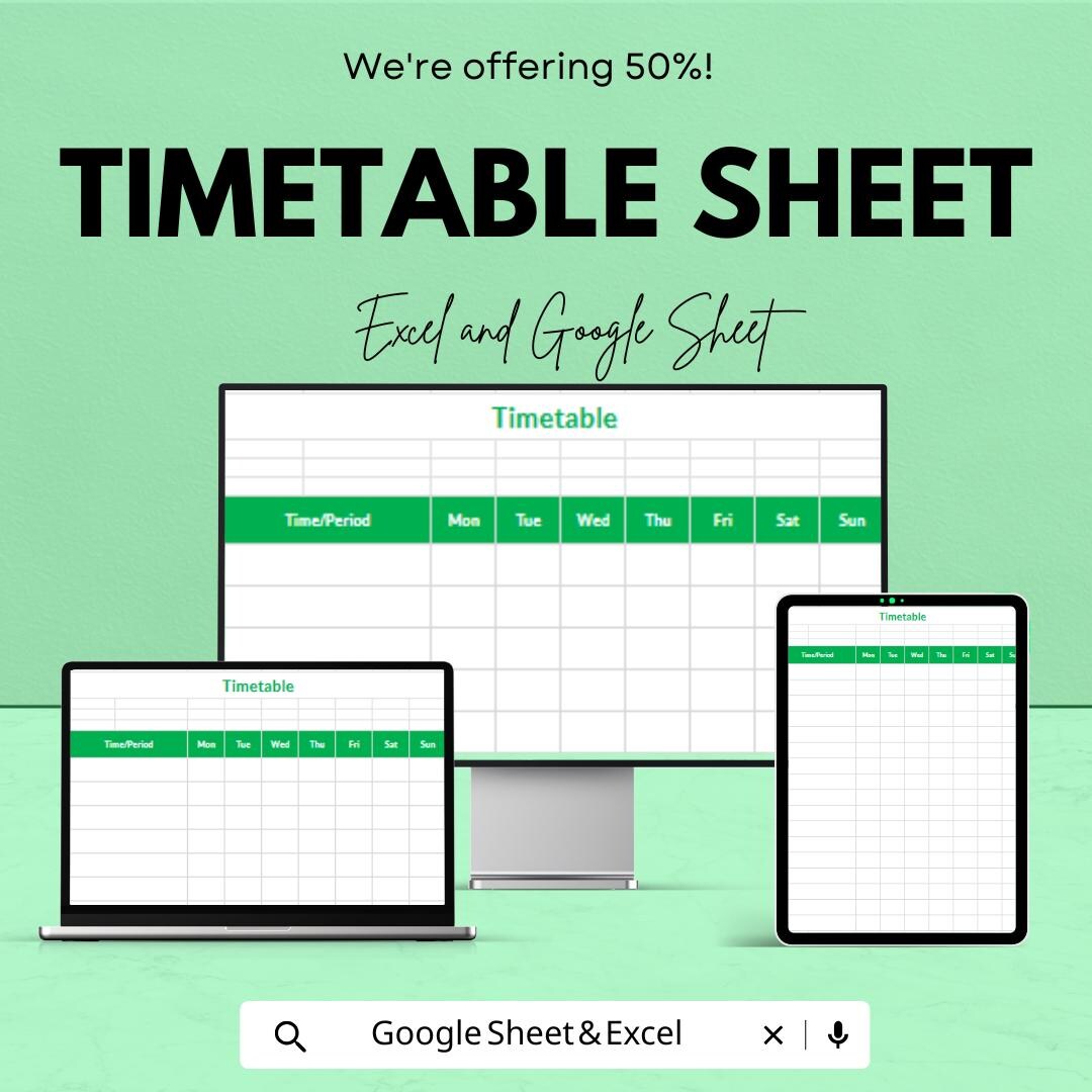 Timetable Sheet for Excel and Google Sheets | Customizable Weekly ...