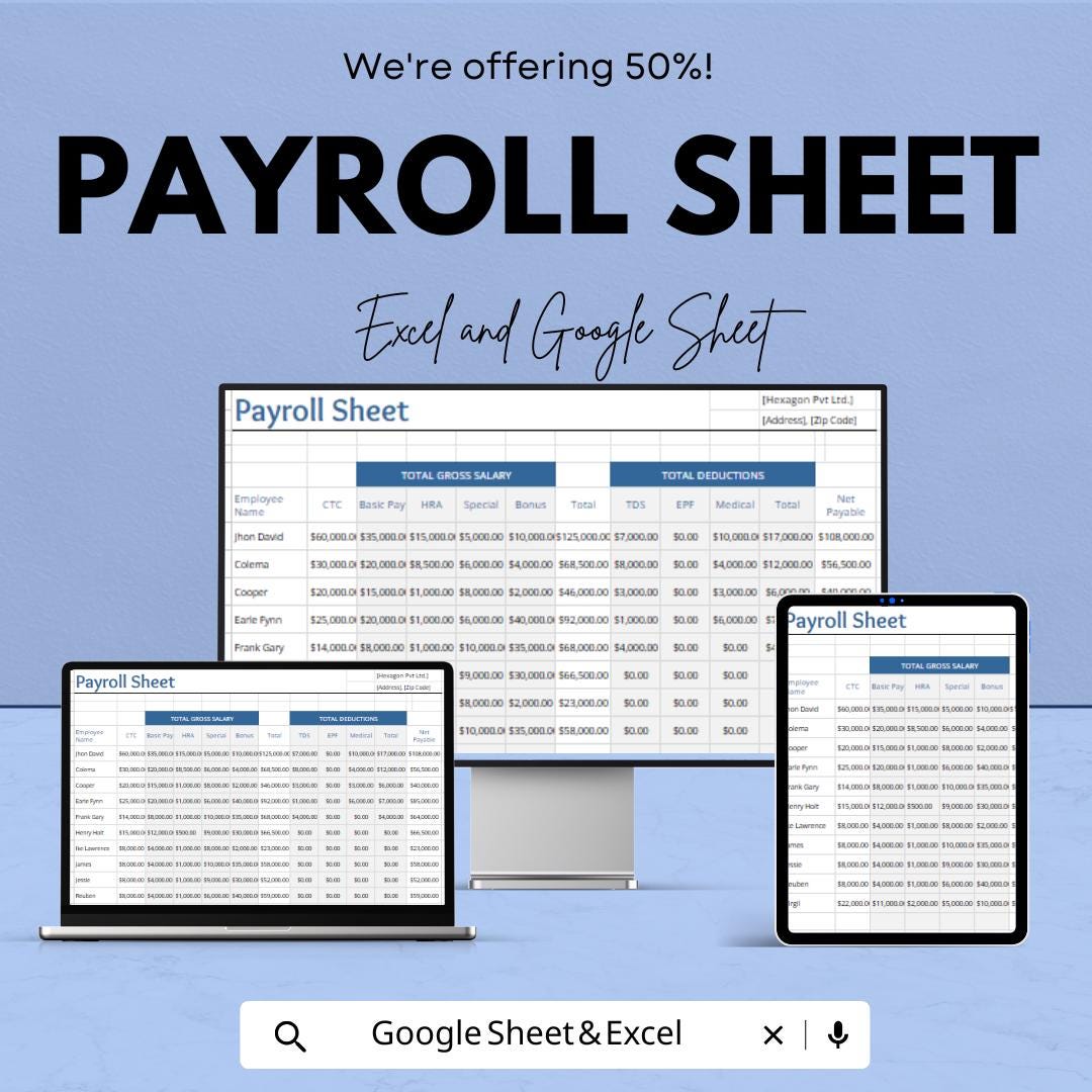 Payroll Sheet Template for Excel and Google Sheets | Instant Download ...