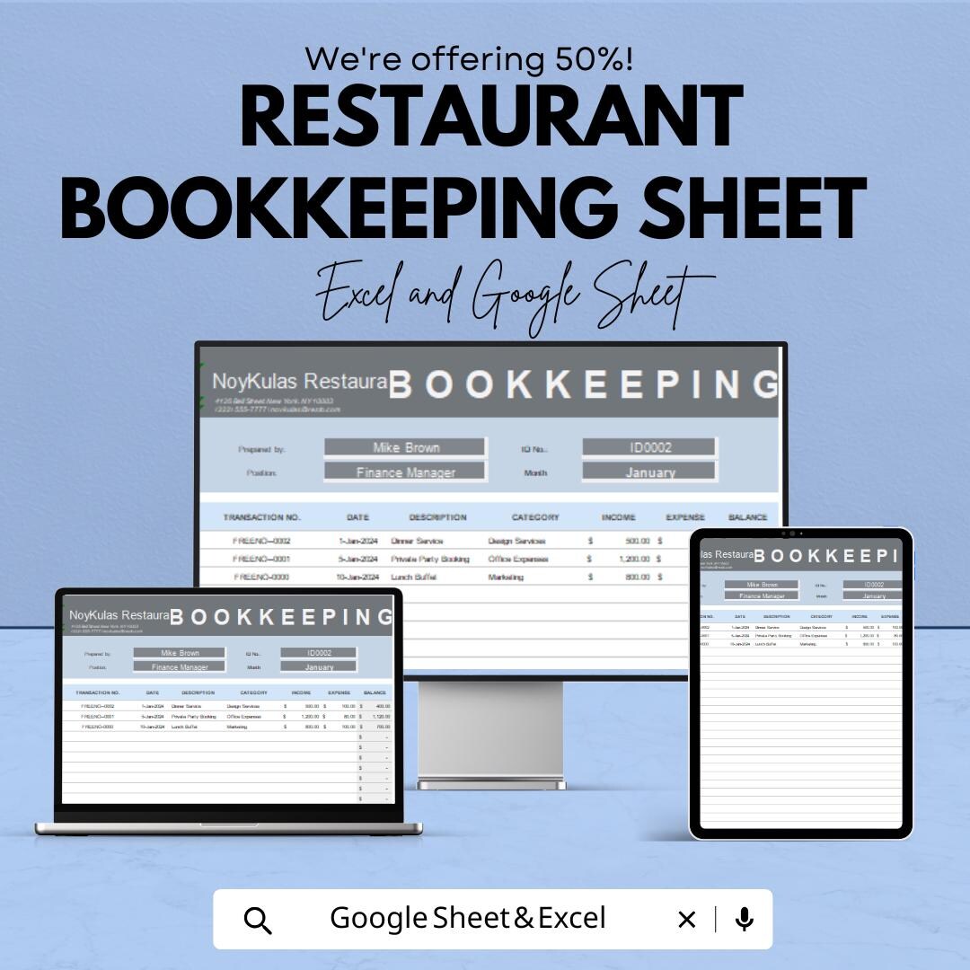 Restaurant Bookkeeping Sheet | Excel & Google Sheet | 50% OFF ...