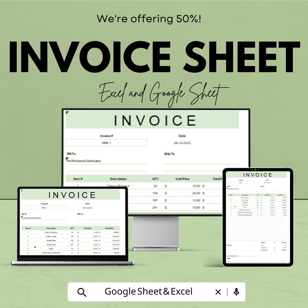Buy Invoice Template Sheet for Billing, Google Sheets & Excel ...