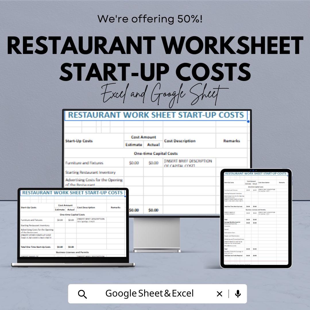 Restaurant Start-up Cost Worksheet | Google Sheets & Excel Template ...