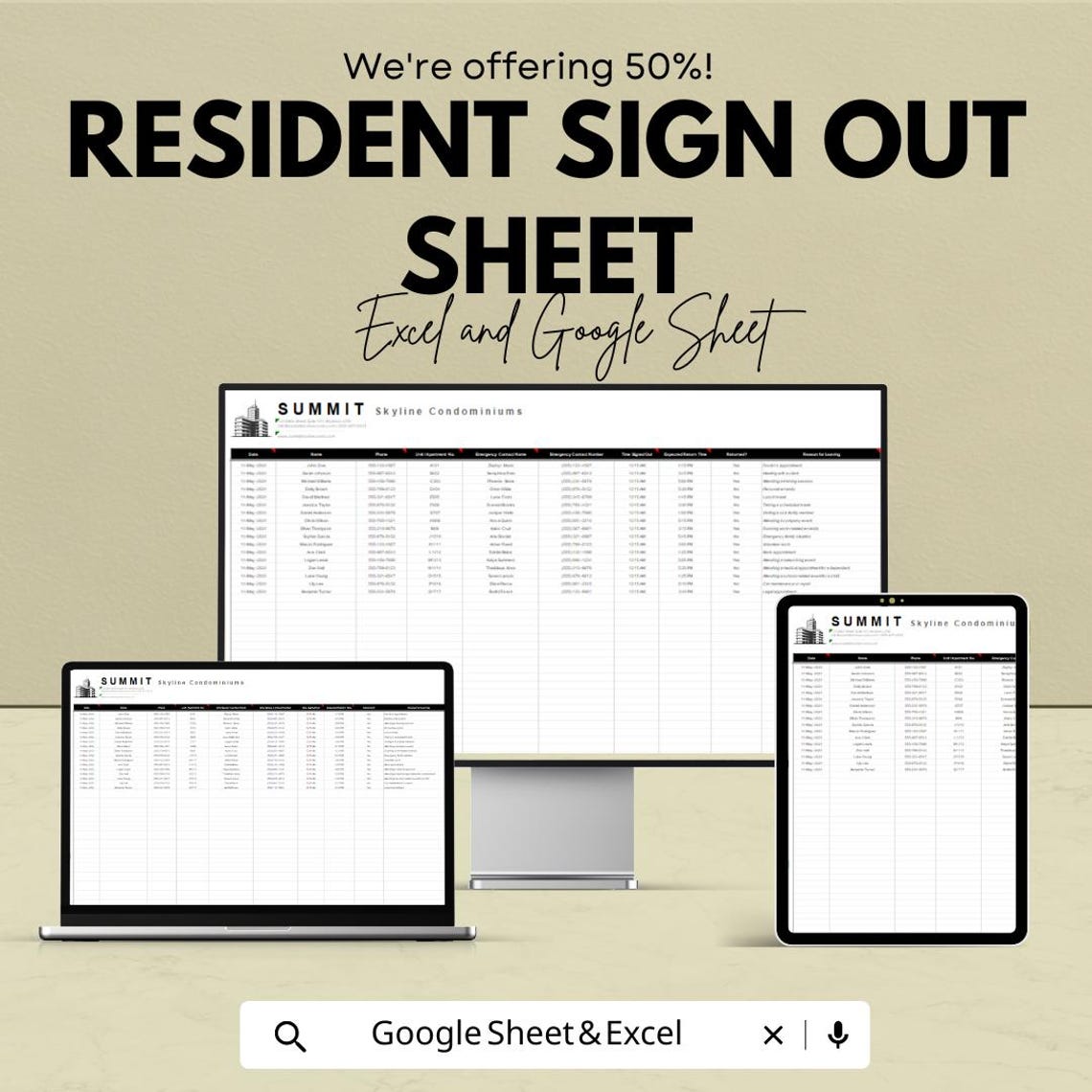 50% off - Resident Sign Out Sheet for Excel & Google Sheets | Departure ...