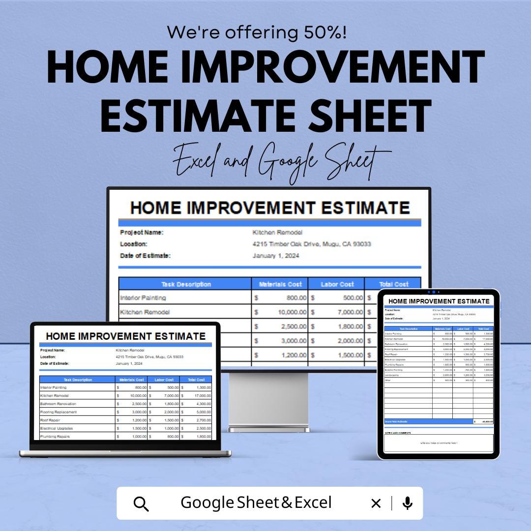 Home Improvement Estimate Template for Excel & Google Sheets – 50% off ...