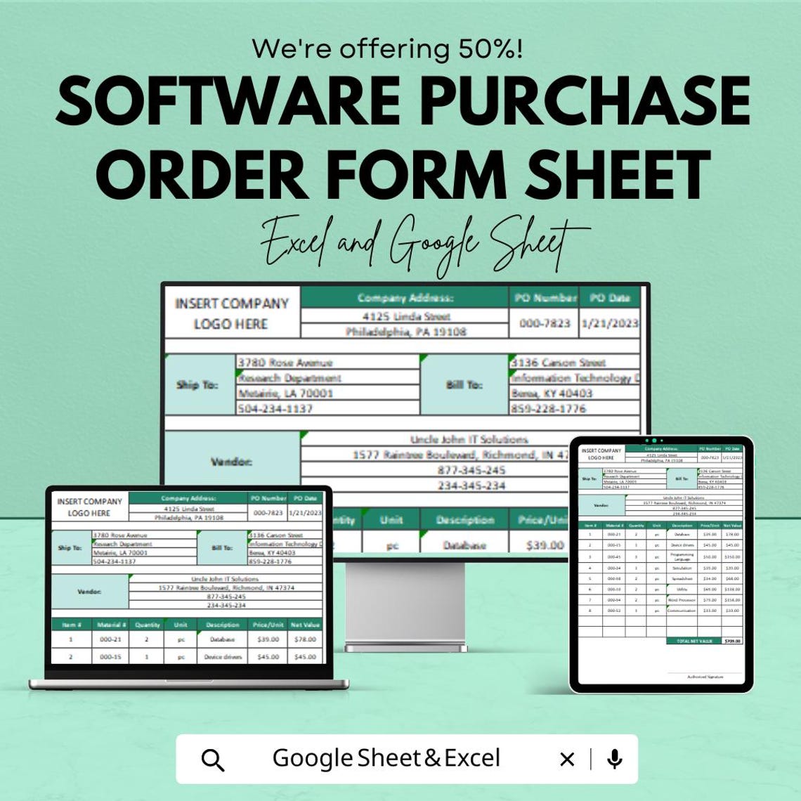 Software Purchase Order Form Sheet for Excel & Google Sheets ...